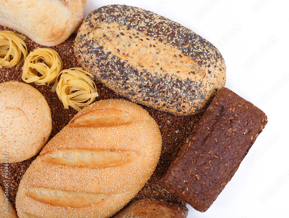Different types of bread, pasta and cereal, isolated on white Stock ...