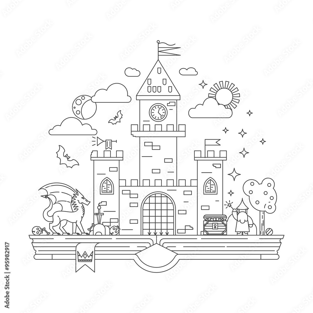 High detailed vector illustration of magic kingdom. Wizard, dragon and ...