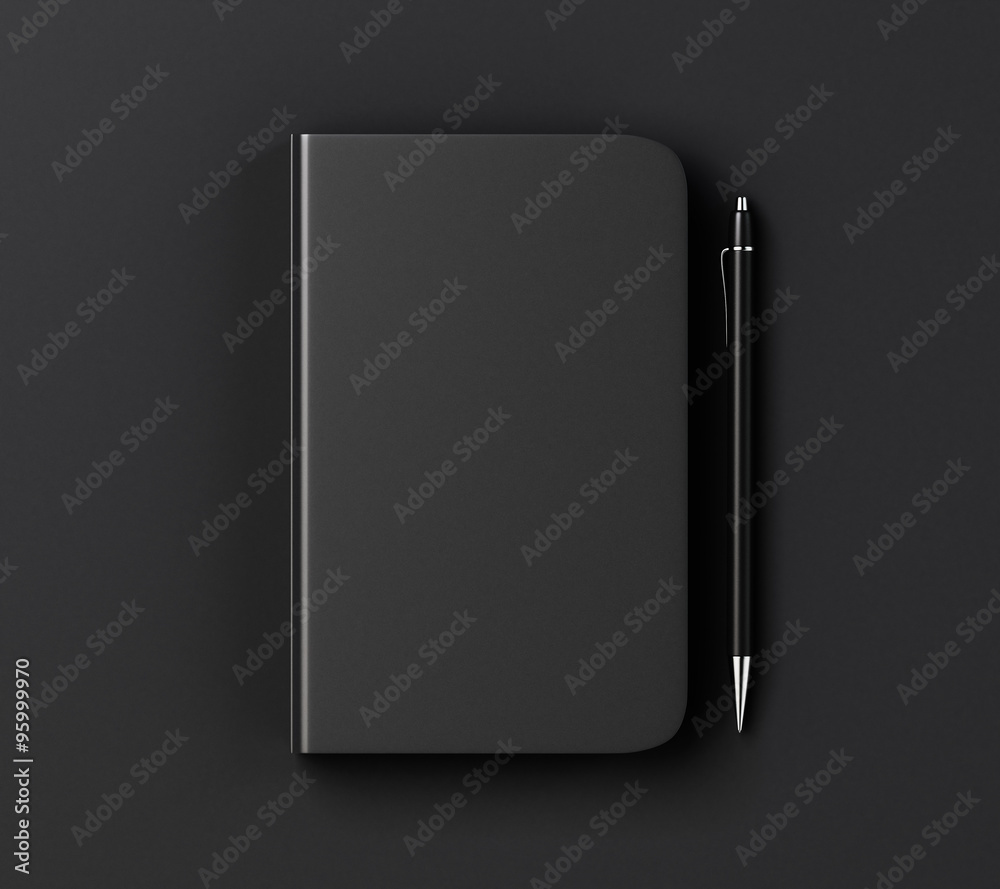 Blank black diary cover and pen on black table, mock up Stock Photo ...