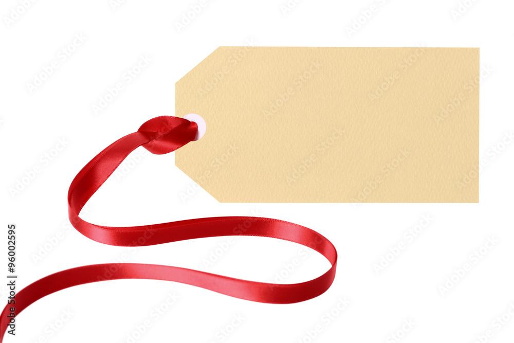 One single plain blank gift tag ticket or label with curly curled ...