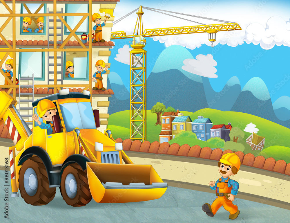 Cartoon scene with construction workers - excavator - illustration for ...