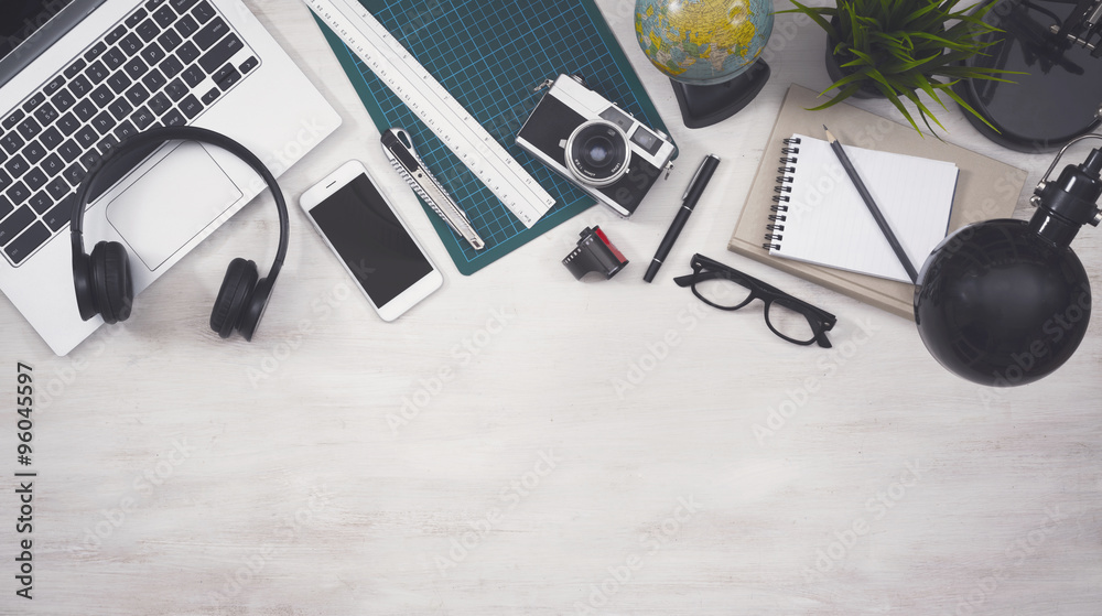 Overhead view desk Stock Photo | Adobe Stock