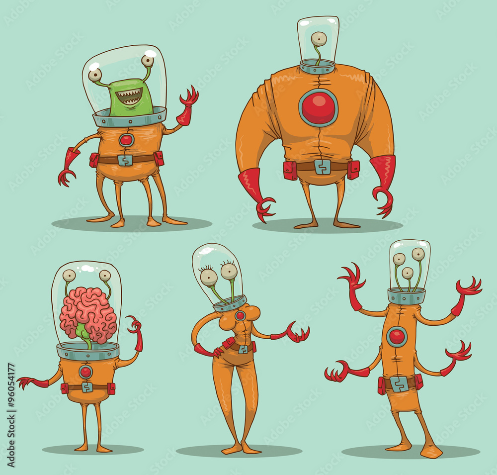 Vector Set of Funny aliens. Cartoon image of five different funny ...