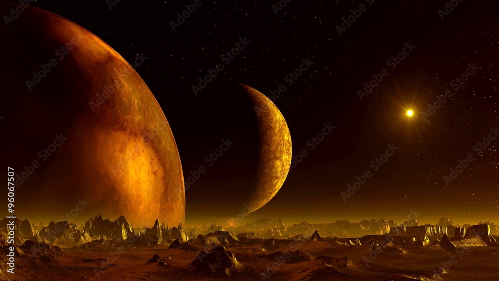 Two Moons and UFO. Stone desert of destruction of the old mountains and ...