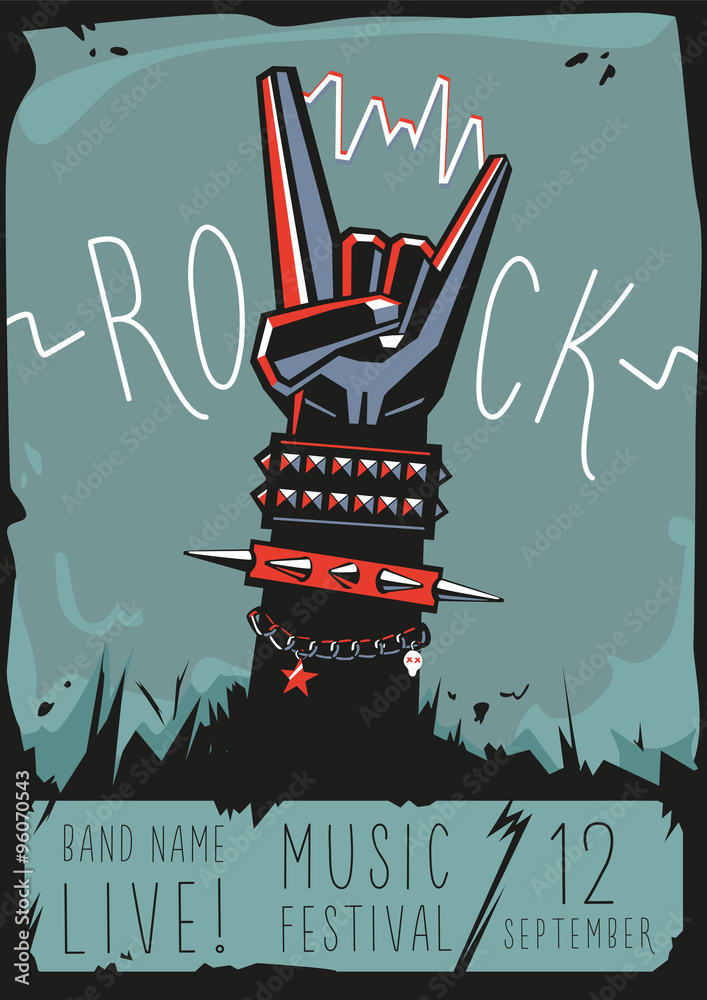 Rock poster with a hand. Design template with a vector illustration and ...