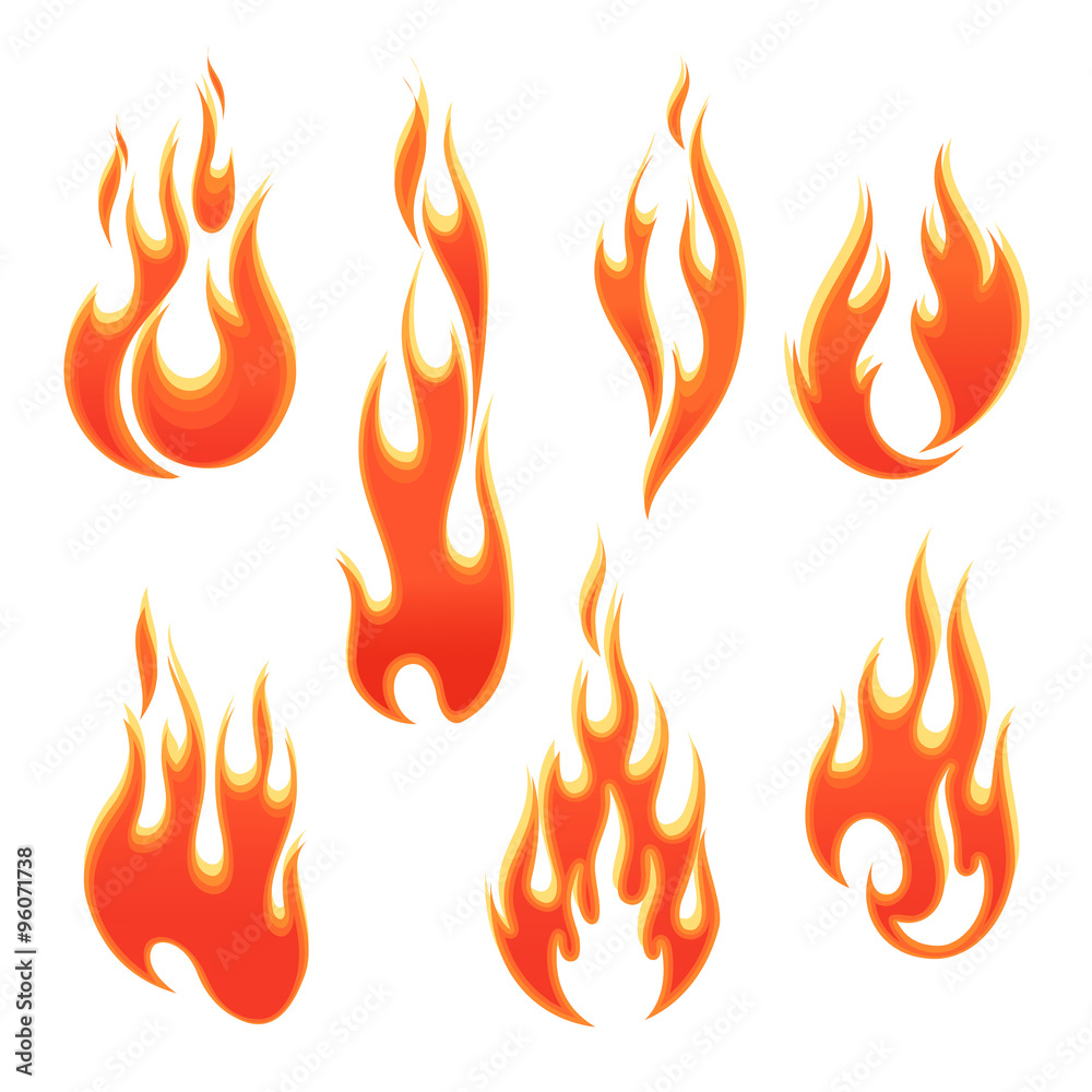 Fire flames of different shapes on white background. Vector ...