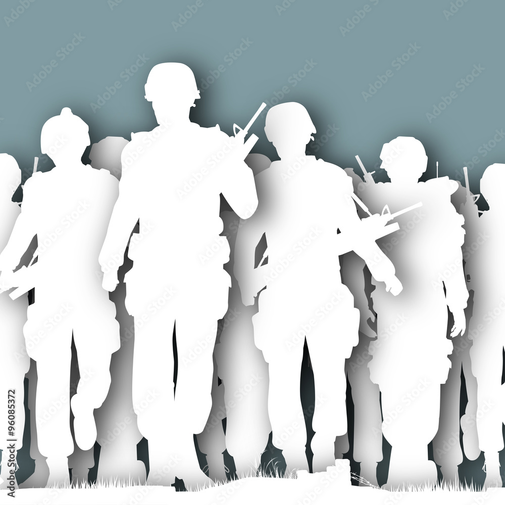 Illustrated cutout silhouettes of armed soldiers walking together Stock ...
