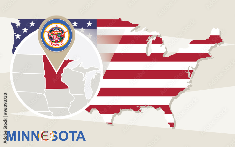 USA map with magnified Minnesota State. Minnesota flag and map. Stock ...