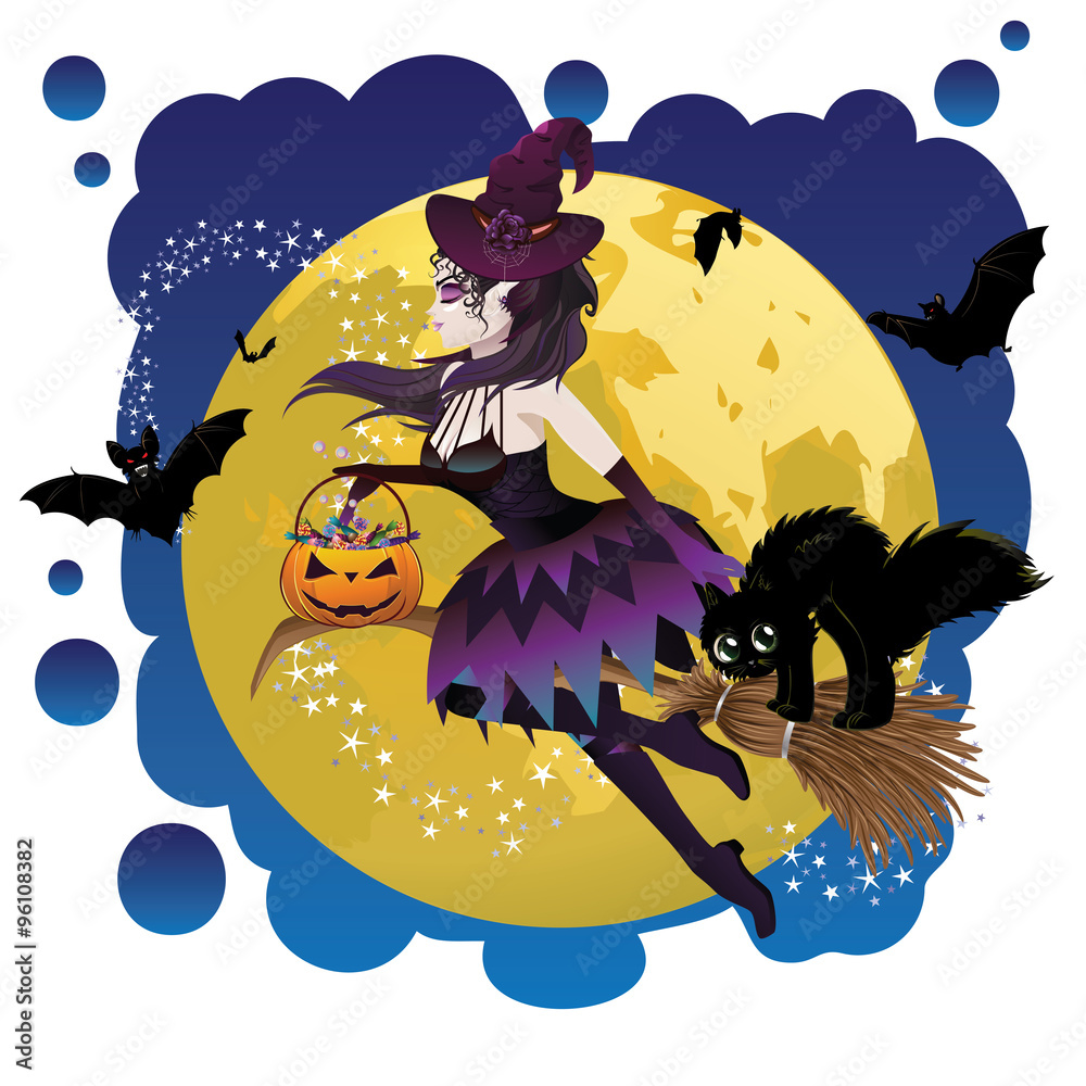 Witch and Full Moon Stock Vector | Adobe Stock