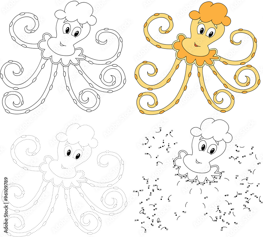 Cartoon octopus. Vector illustration. Dot to dot game for kids Stock ...