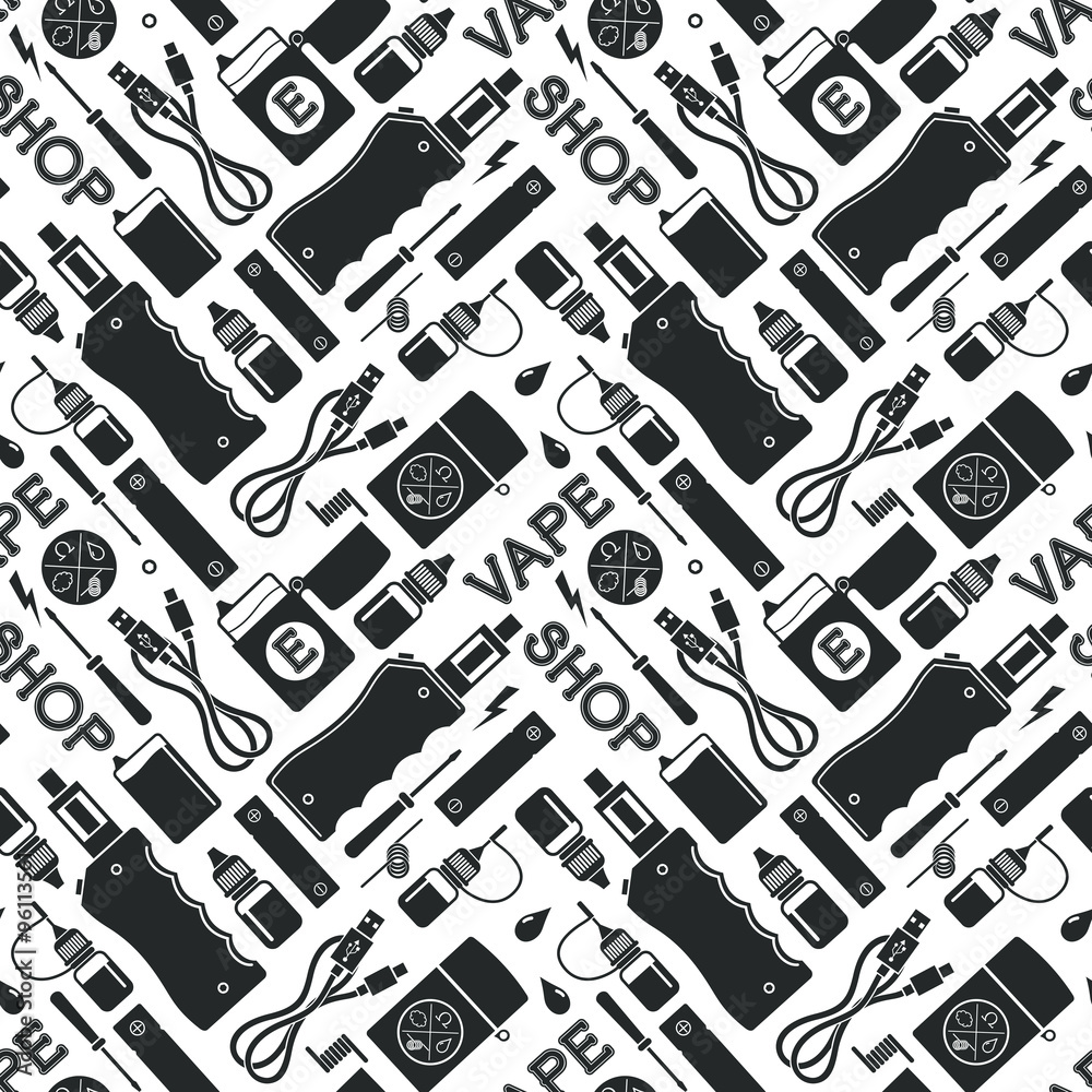 Vector seamless pattern of vape and accessories, isolated on white ...