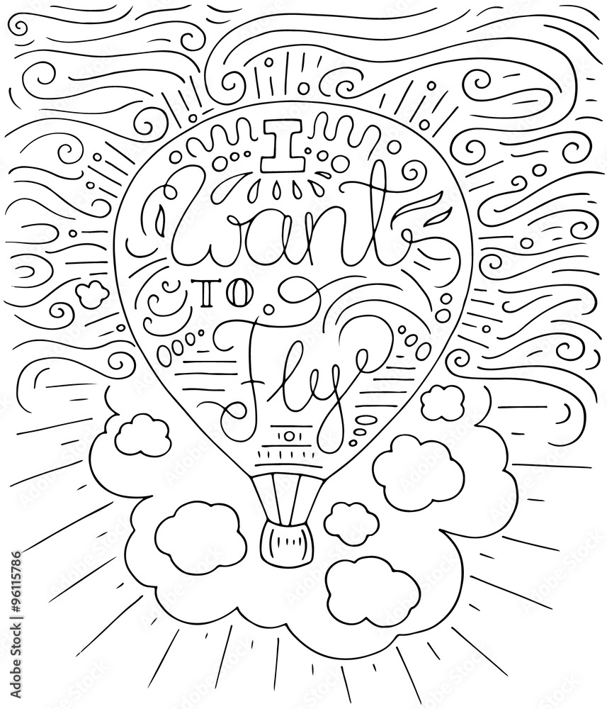 Black and white doodle typography poster with air balloon. Cartoon cute ...
