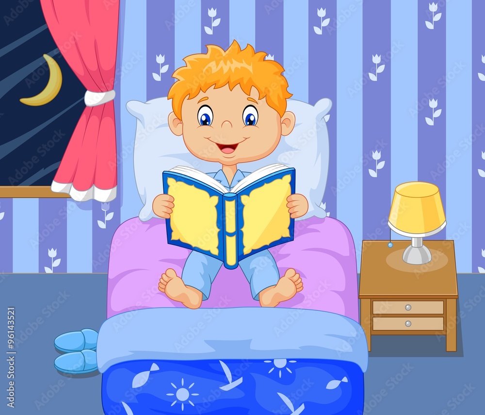 Cartoon lttle boy reading bed time story Stock Vector | Adobe Stock