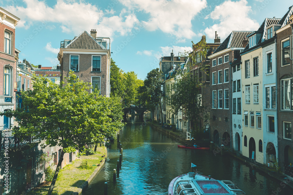 Typical Dutch city scene from Utrecht with canal, boats, tourism Stock ...