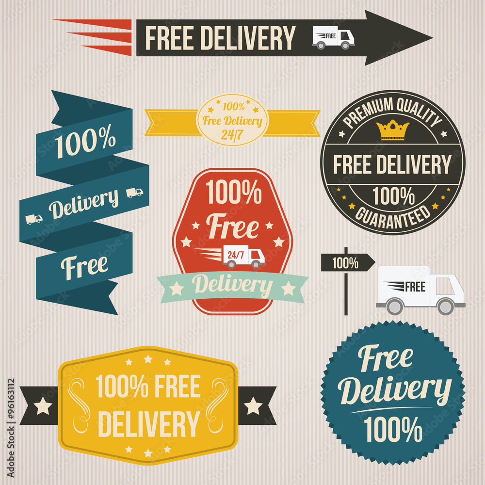 Retro free delivery badges, stickers, labels and tags. Vector elements ...