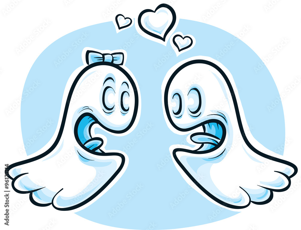 A couple of cute, cartoon ghost character meeting and falling in love ...