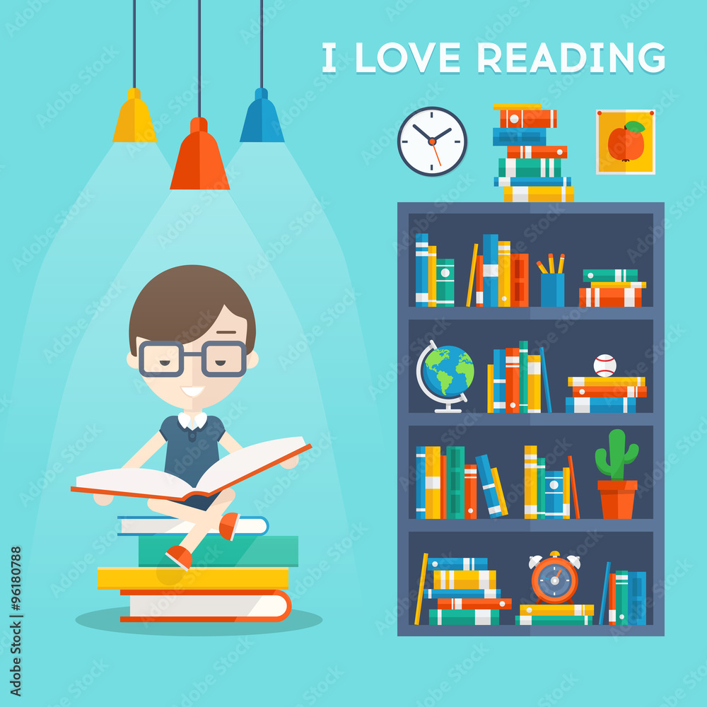 I Love Reading. Man sits on a stock of books and read his favorite book ...