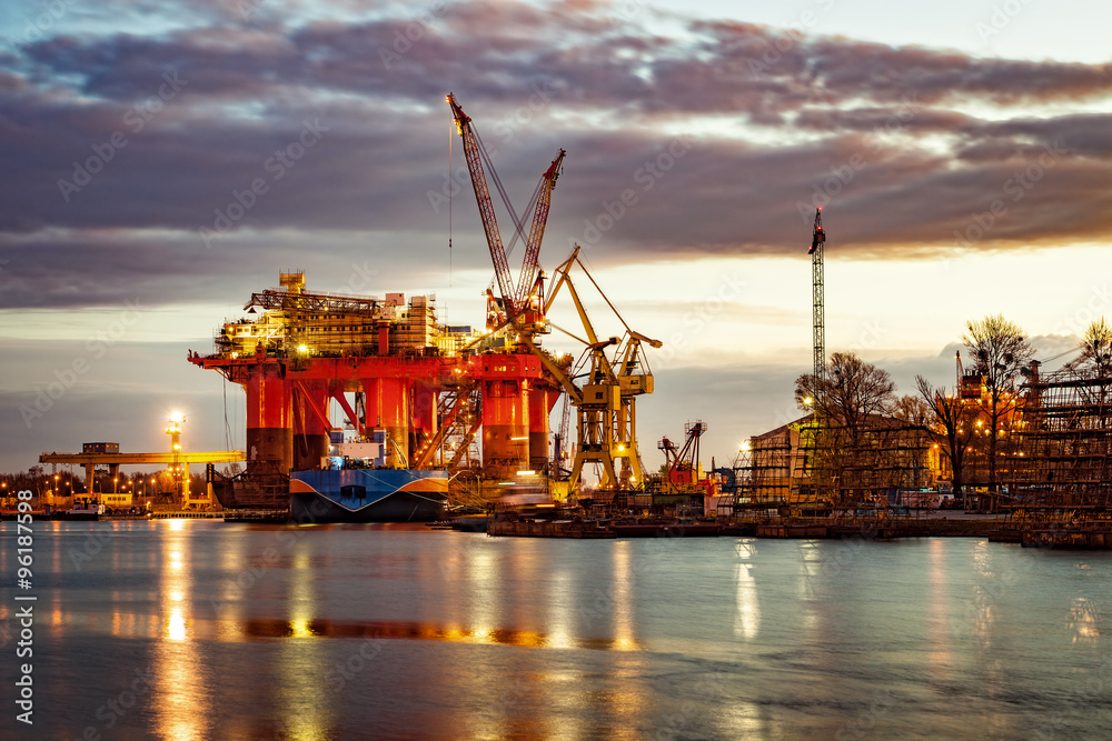 Oil rig under construction at the yard in the morning. Stock Photo ...