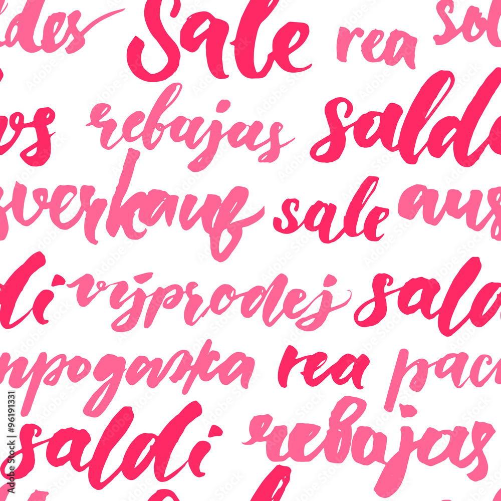 Pink sale texture with handwritten text in different languages ...