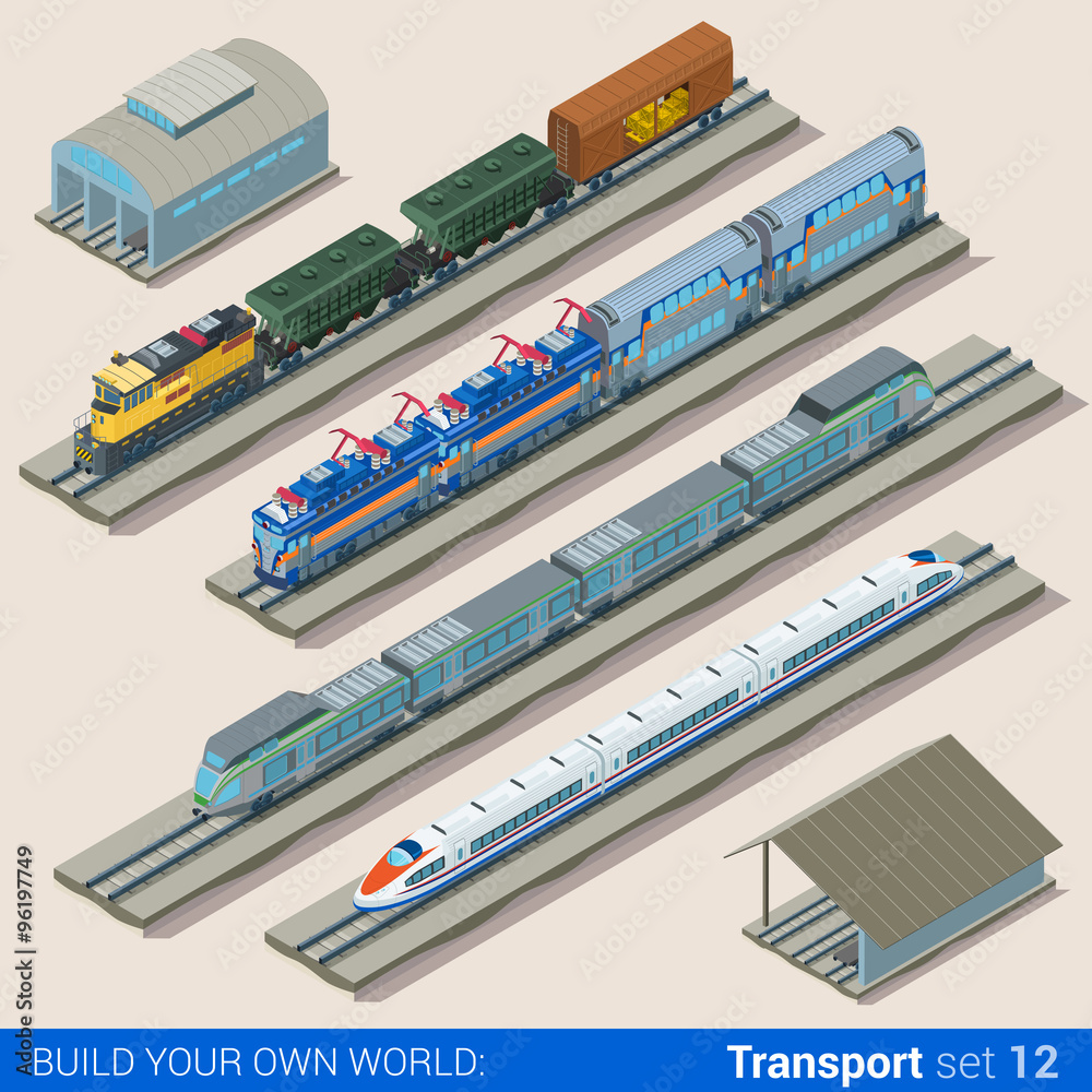 Flat 3d isometric vector train depot railroad railway transport Stock ...