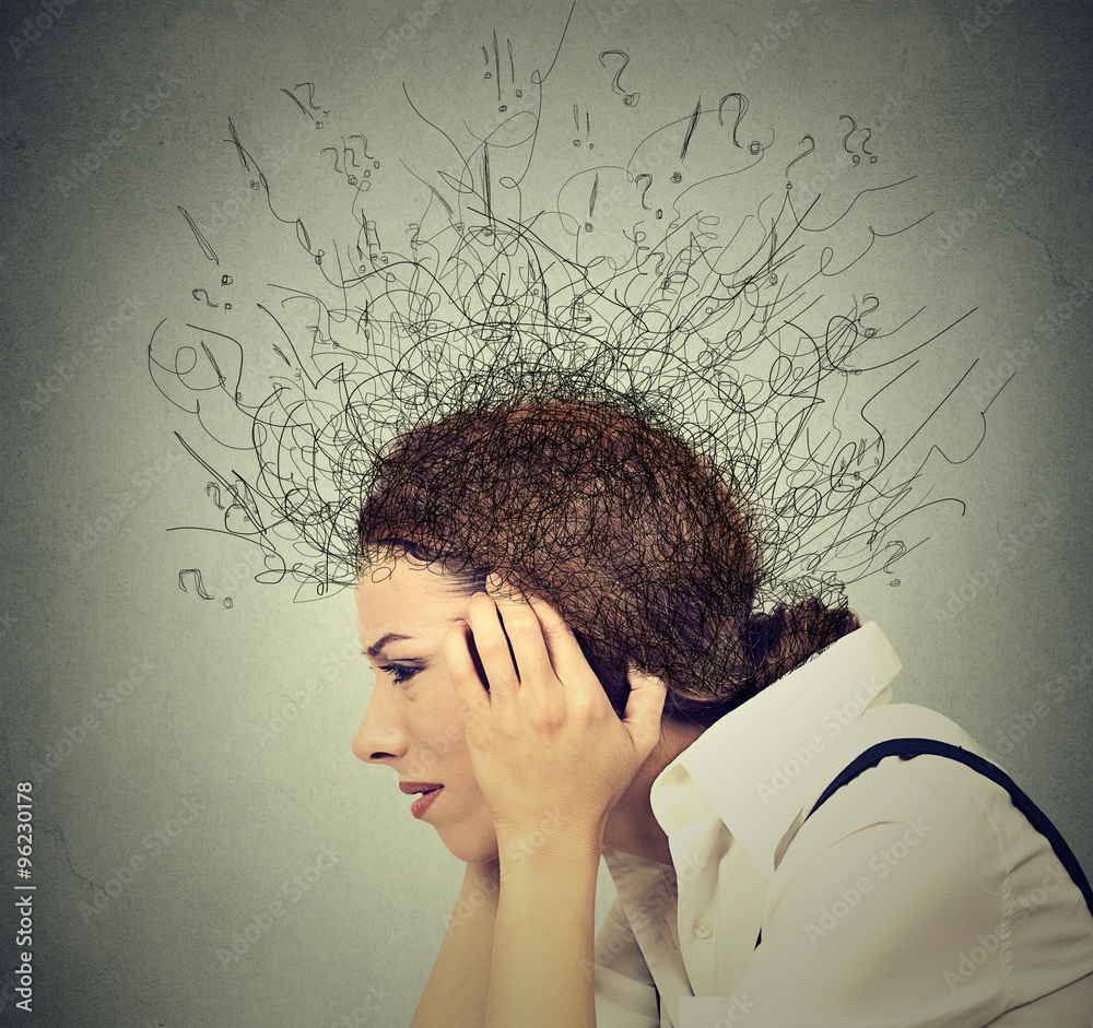 sad woman with worried stressed face expression and brain melting into ...