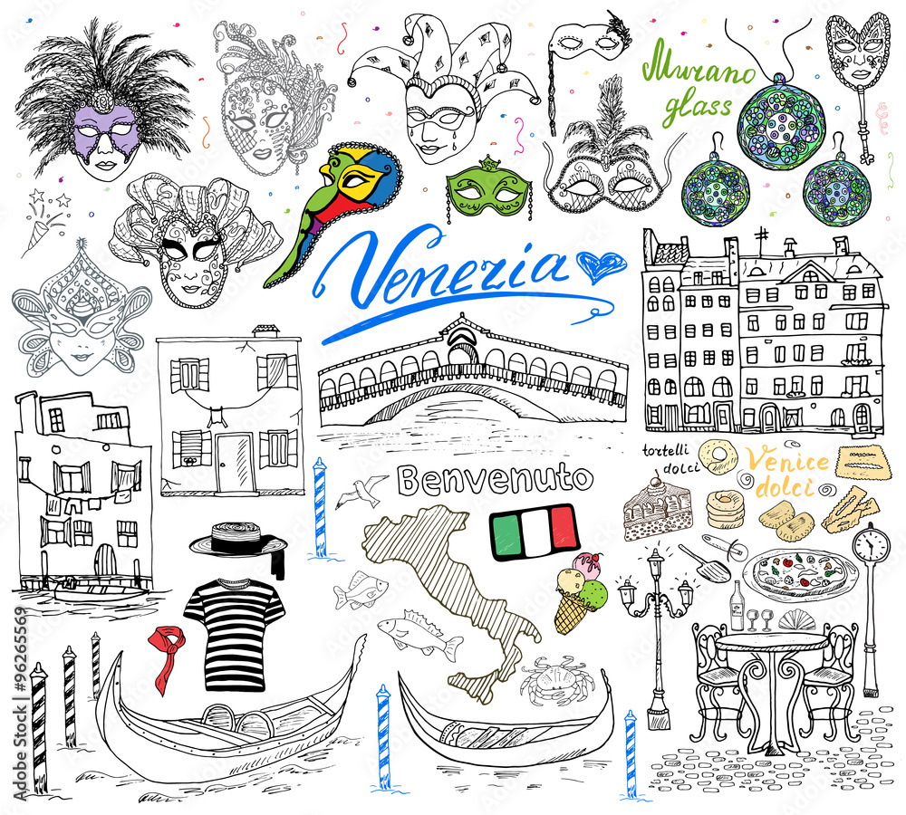 Venice Italy sketch elements. Hand drawn set with flag, map, gondolas ...