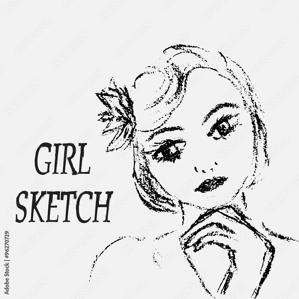 Sketch girl with short hair. Line graphic portrait. Charcoal drawing ...