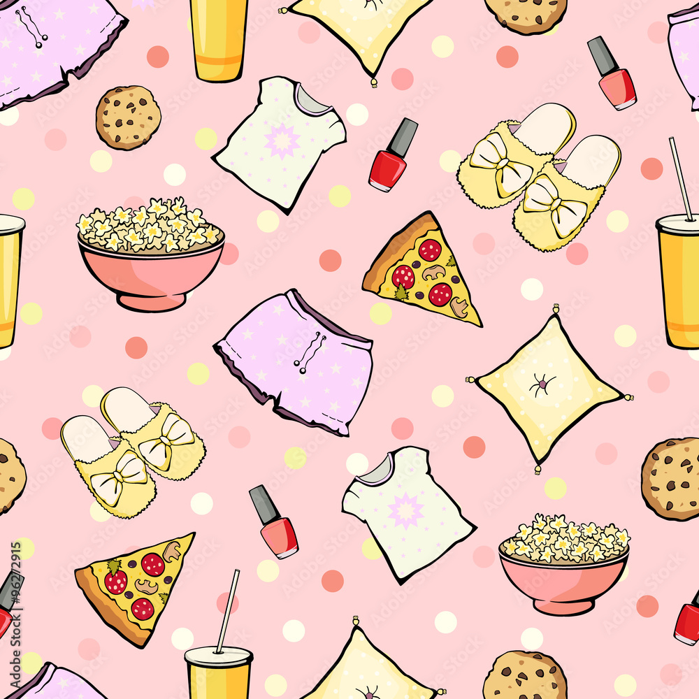 Vector Cute Sleepover Party Food Objects Seamless Pattern Pizza