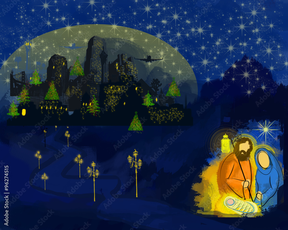 Illustrazione Stock Modern day Bethlehem Christmas nativity scenery ...