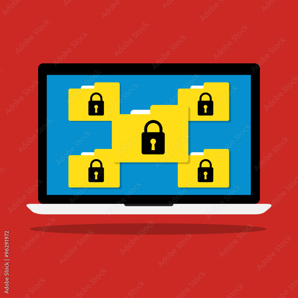 Computer laptop display icon folder with key lock of ransomware Stock ...