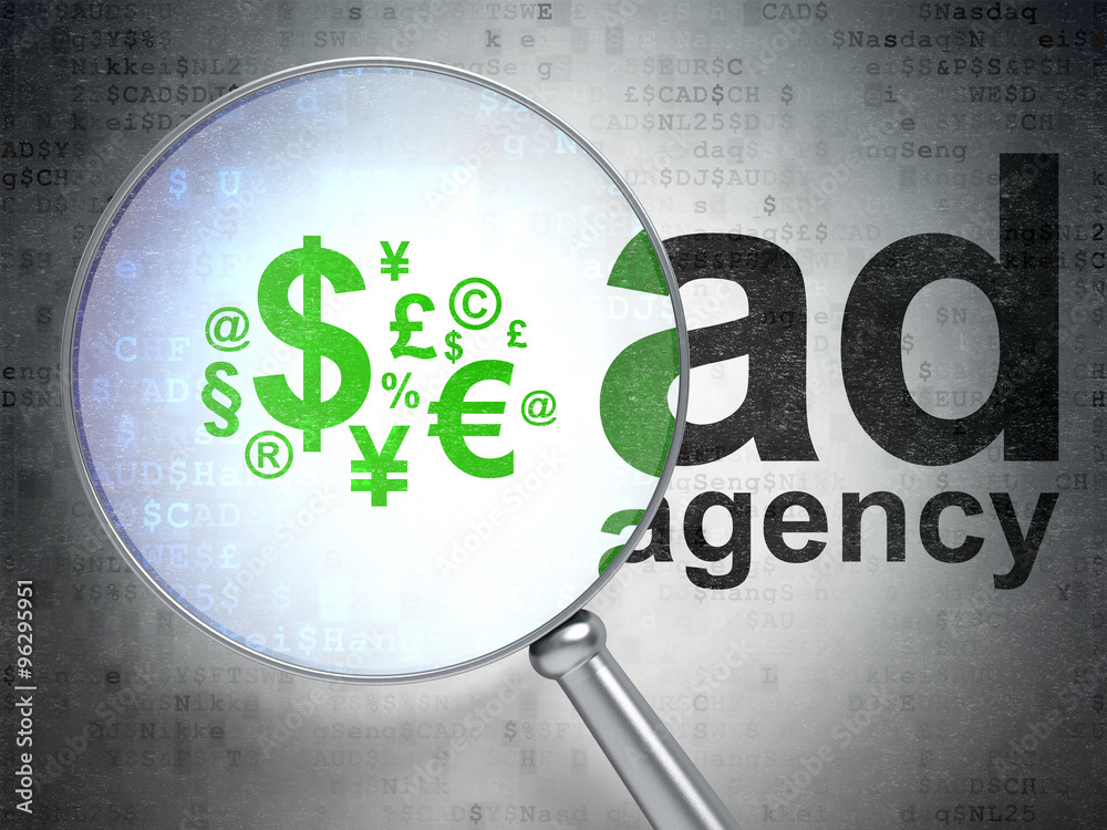 Advertising concept: Finance Symbol and Ad Agency with optical glass ...