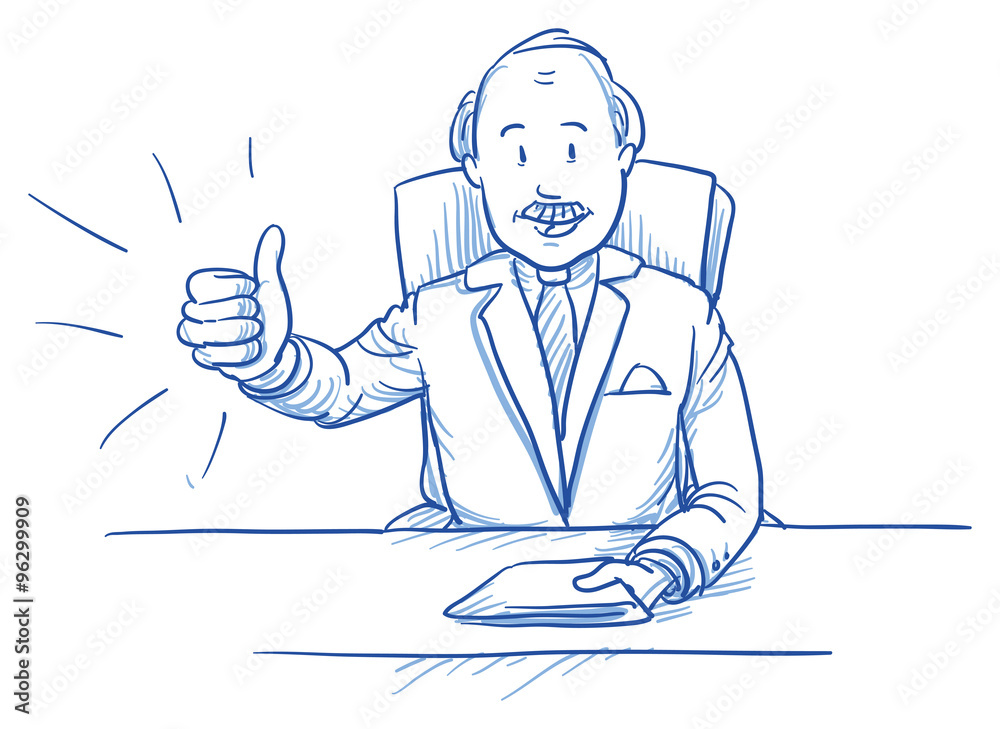 Vetor de Business man, happy smiling boss, sitting at his desk showing ...