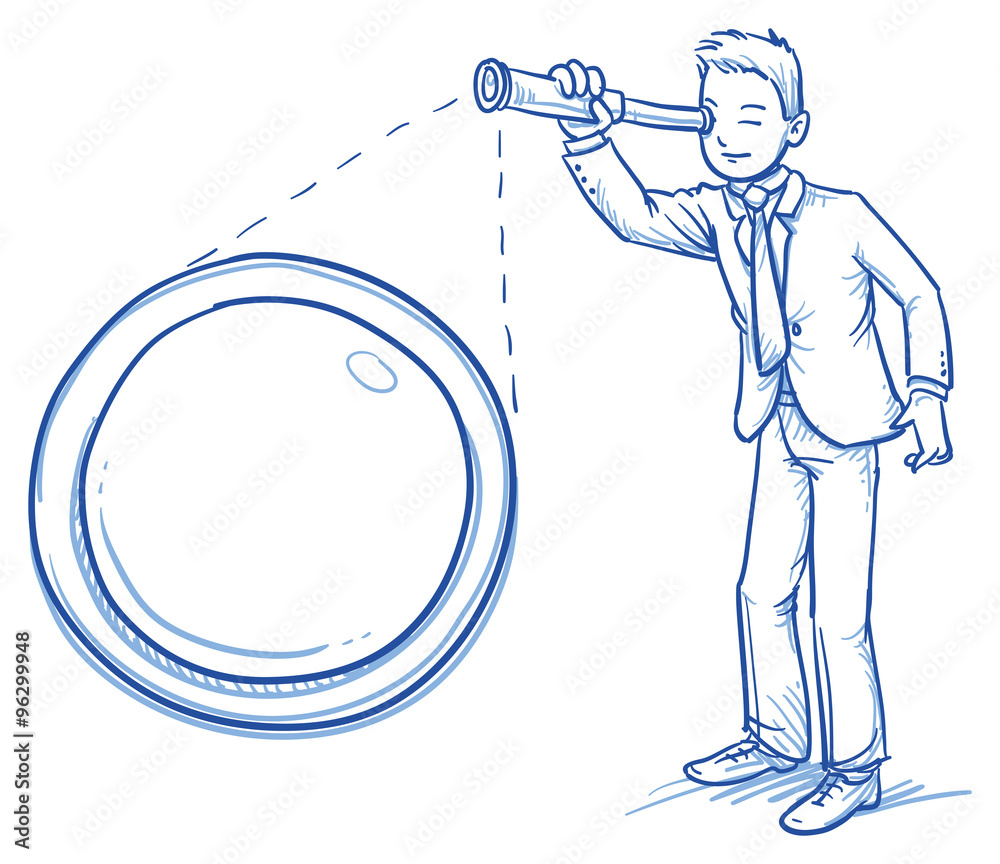 Business man looking through a telescope with a zoom of the lens, hand ...