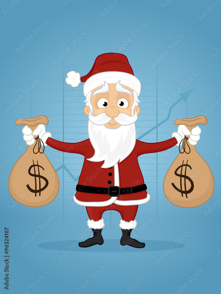 Happy santa claus holding dollar money bags vector cartoon illustration ...