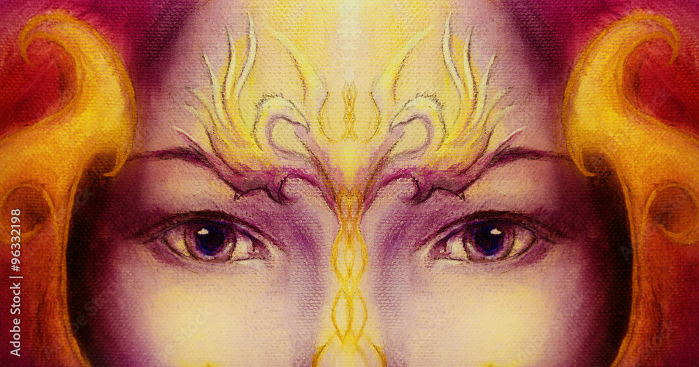 Mystic woman face with gold ornamental tattoo and two phoenix birds ...