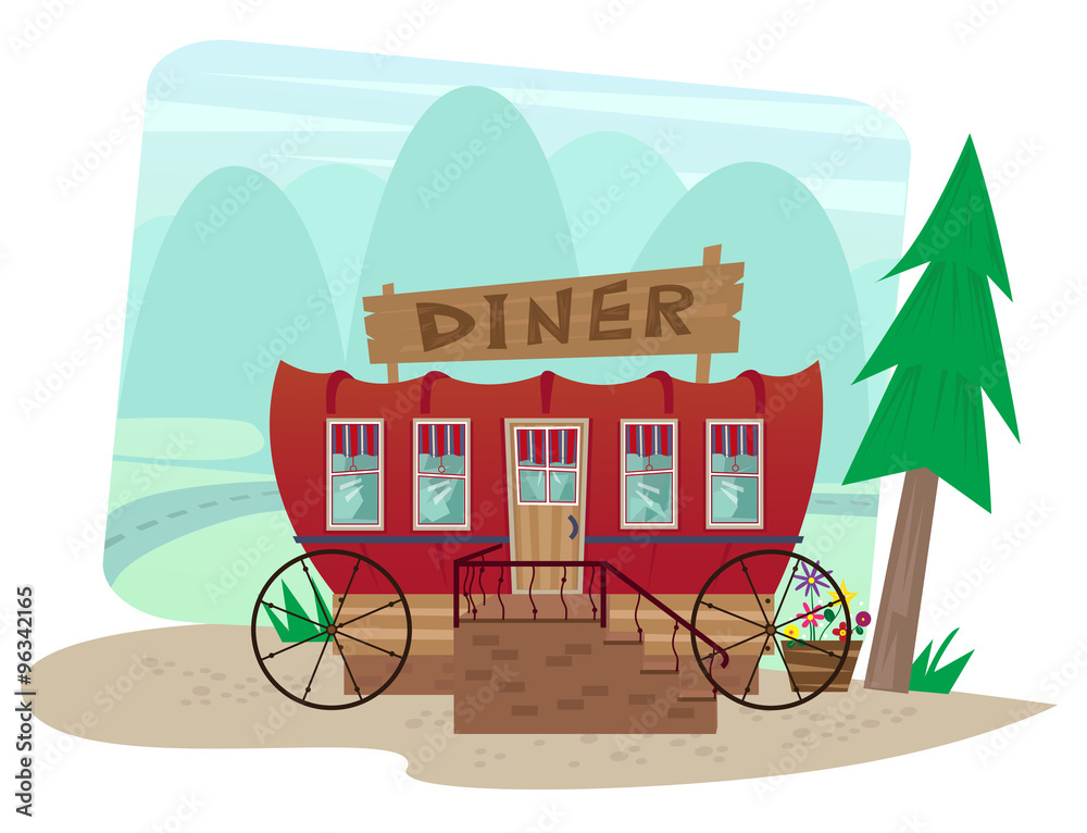 Wagon Diner - Cartoon diner in a shape of a wagon with landscape in the ...