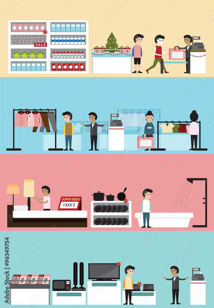 Flat cartoon department store mall building interior design and Stock ...