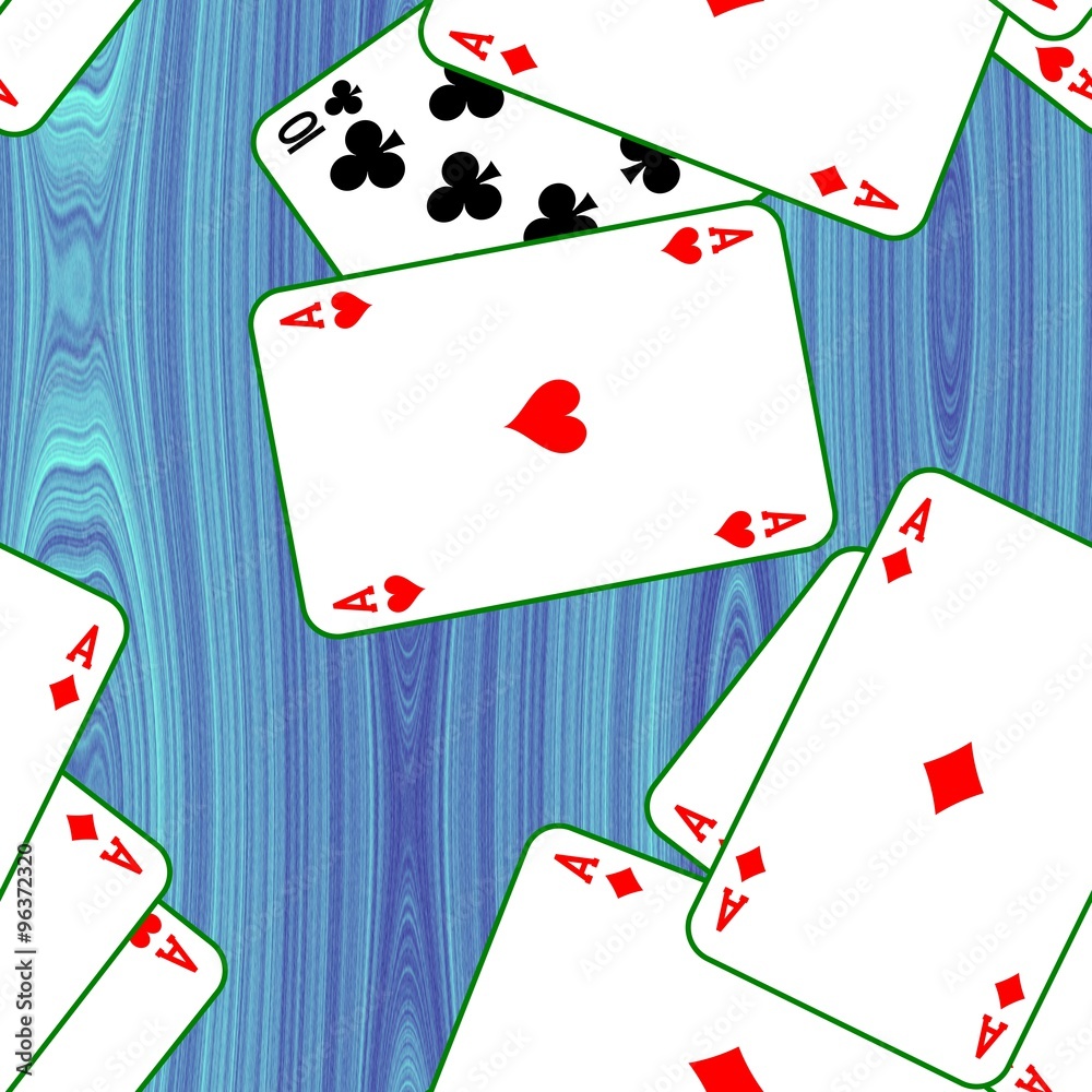 Playing cards scattered on a blue table. Seamless pattern texture ...