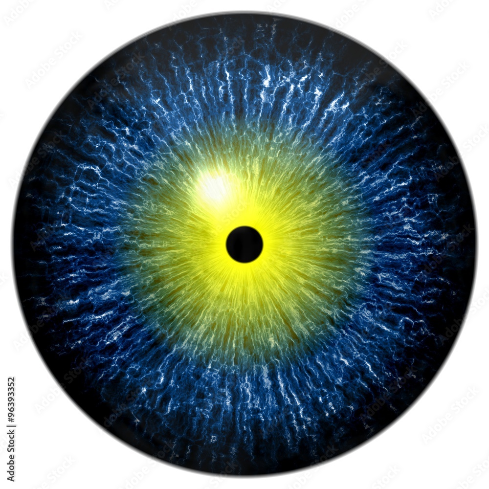 Blue alien, human or reptile eye with yellow circle around the narrow ...