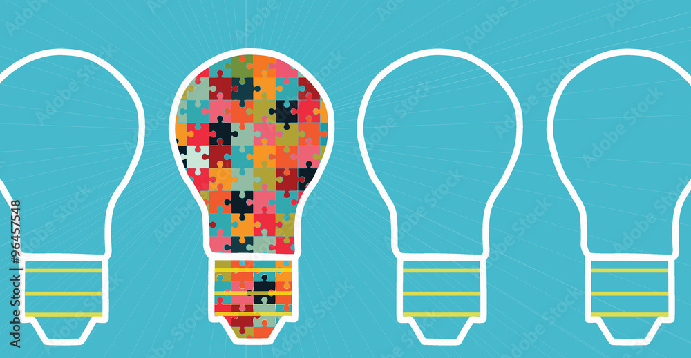 Turn on light the right bulb with connected puzzle pieces isolated on ...