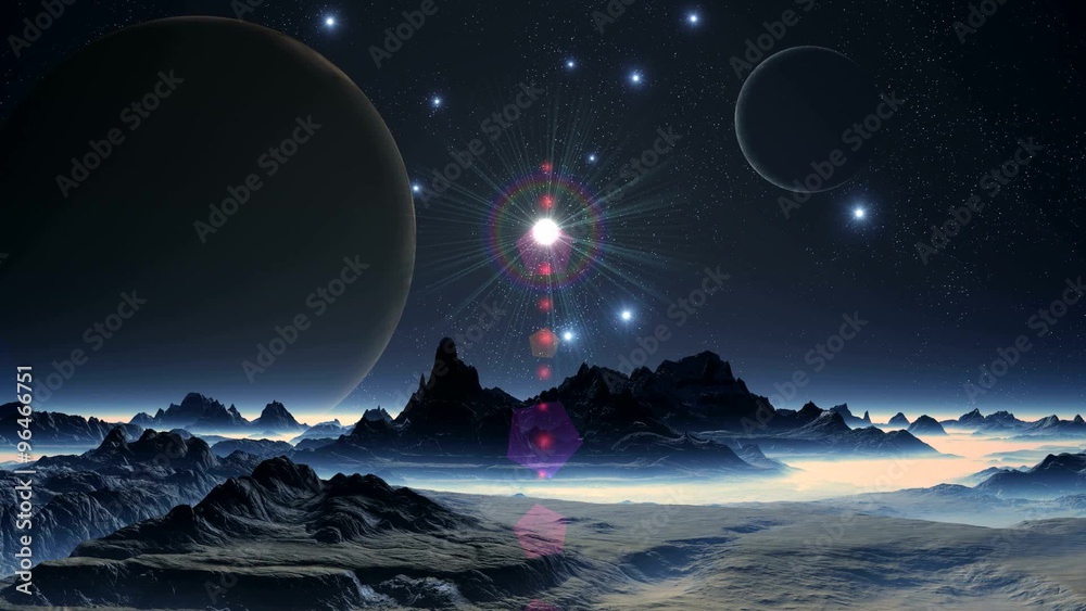 Shining Star between two moons. The starry night sky two moons, among ...