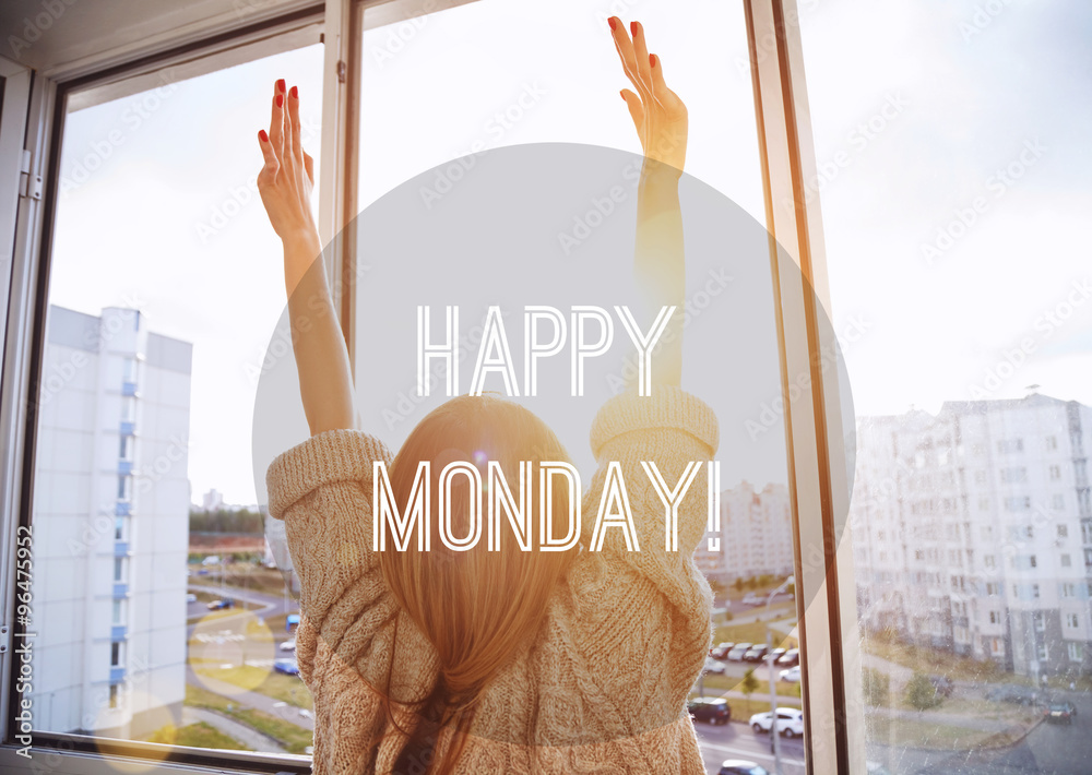 Woman facing the sunrise with raising hands. Happy Monday motiva Stock ...