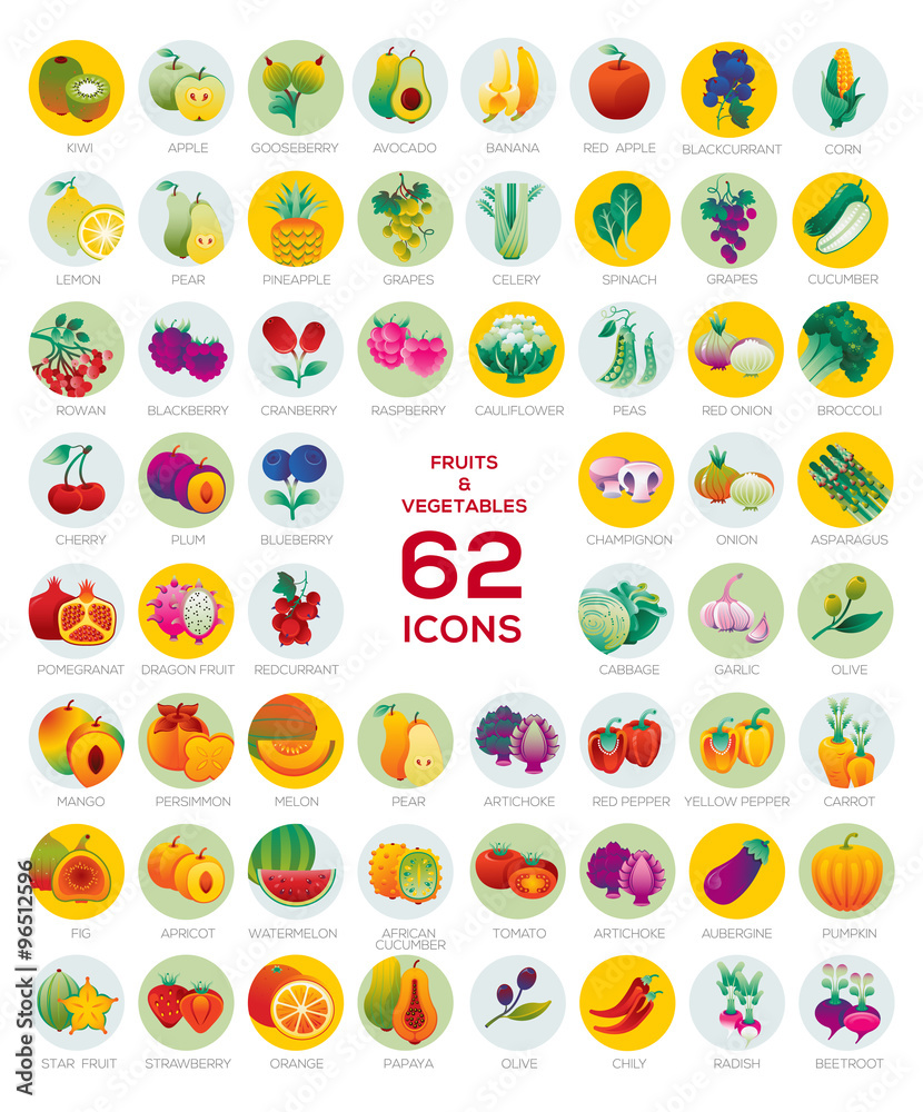 Collection of 62 round icons, fruit and vegetable symbols with names ...