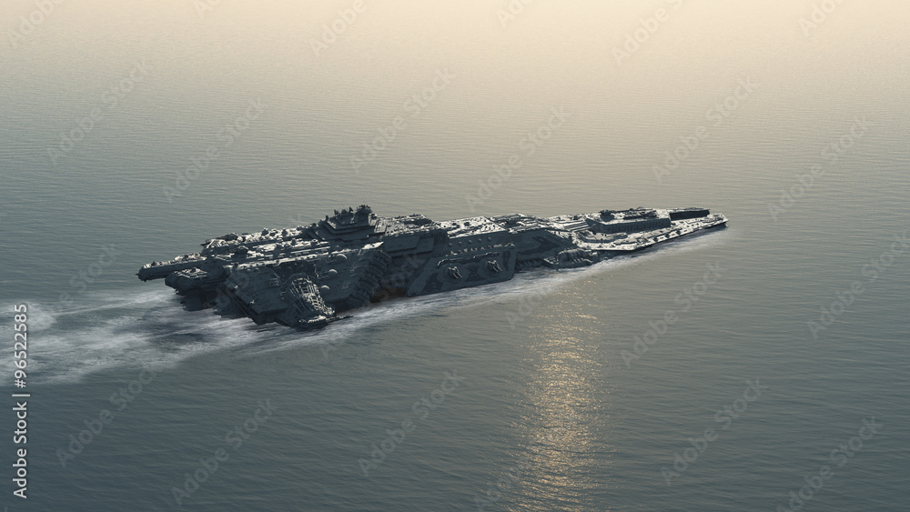 Science fiction illustration of a futuristic battle ship at sea Stock ...