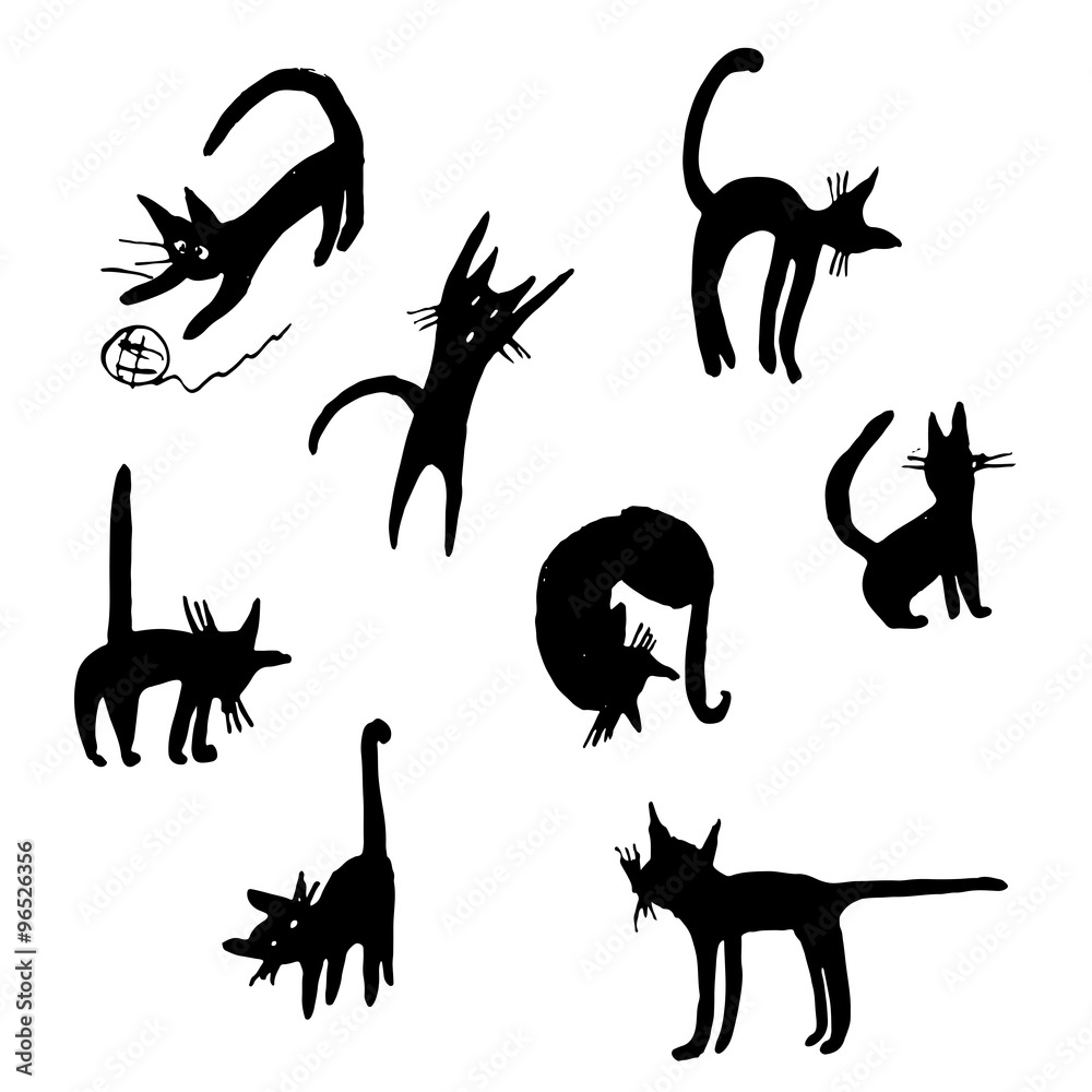 funny cat hand drawn sketch silhouette set vector illustration Stock ...