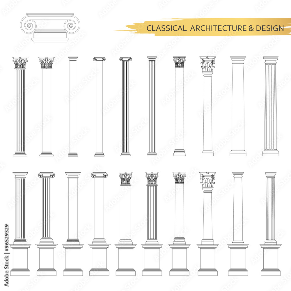 Classical architectural column drawings in set. Vector drawing design ...