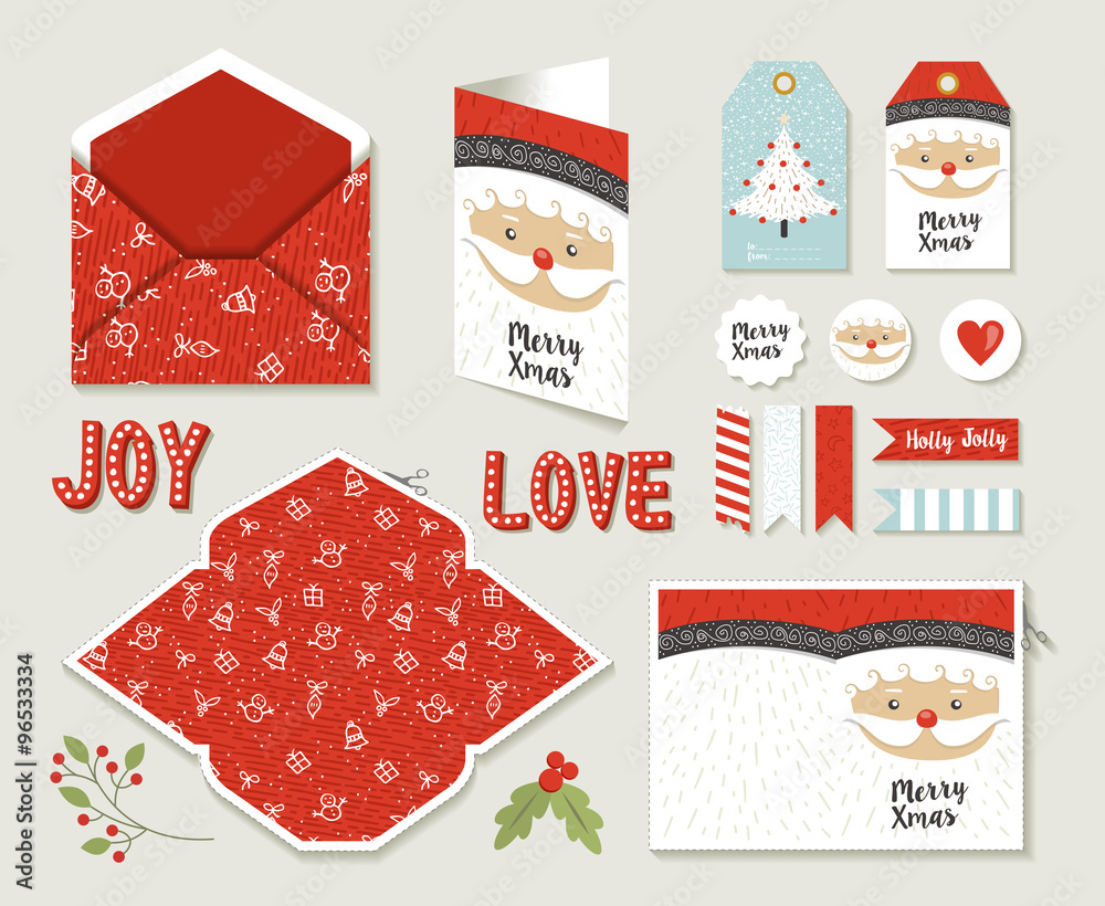 Merry christmas set printable greeting card cute Stock Vector | Adobe Stock