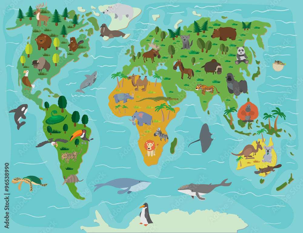 Animal world. Funny cartoon map Stock Vector | Adobe Stock