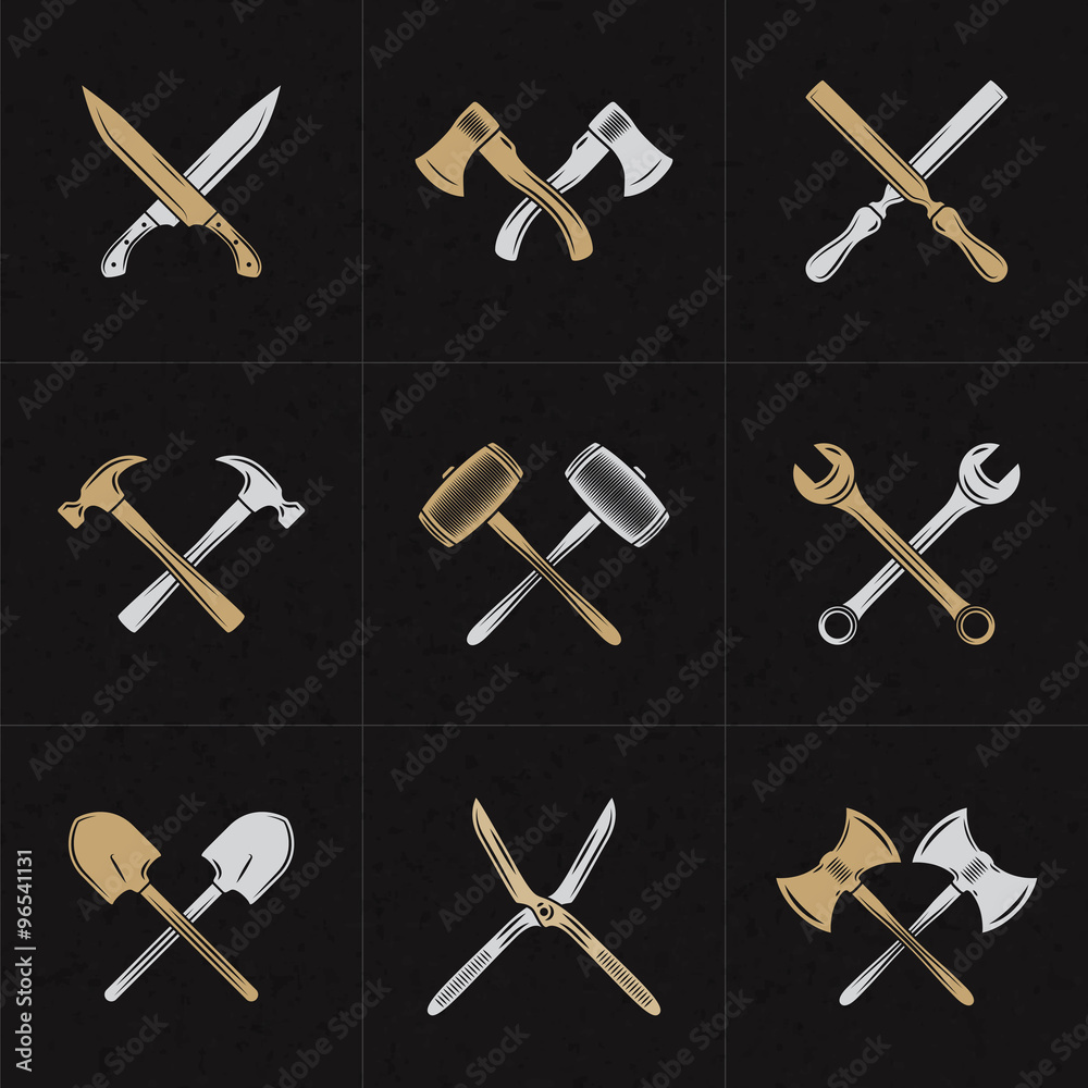 Set of Vector Retro Design Elements for Logotypes. Crossed Tools. Axes ...