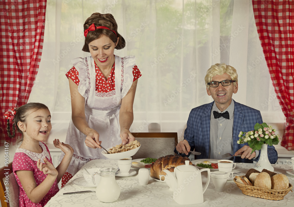 Vintage styled family have breakfast Stock Photo | Adobe Stock